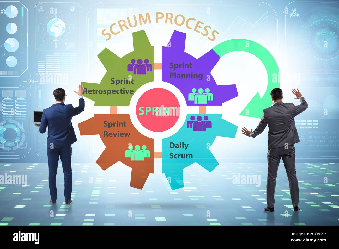 Scrum process illustration with the businessman Stock Photo - Alamy