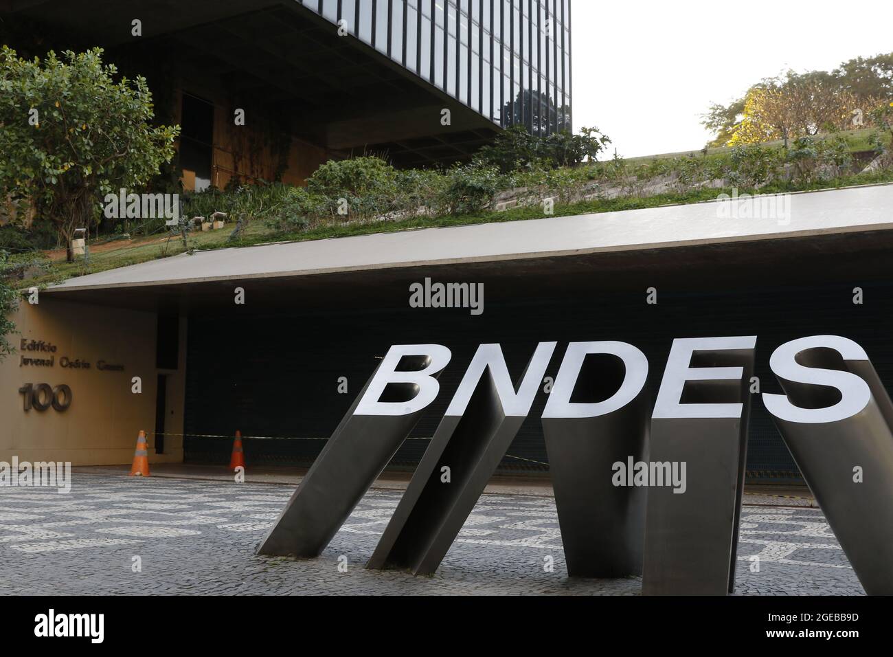 BNDES bank logo on building headquarters. Brazilian national state ...