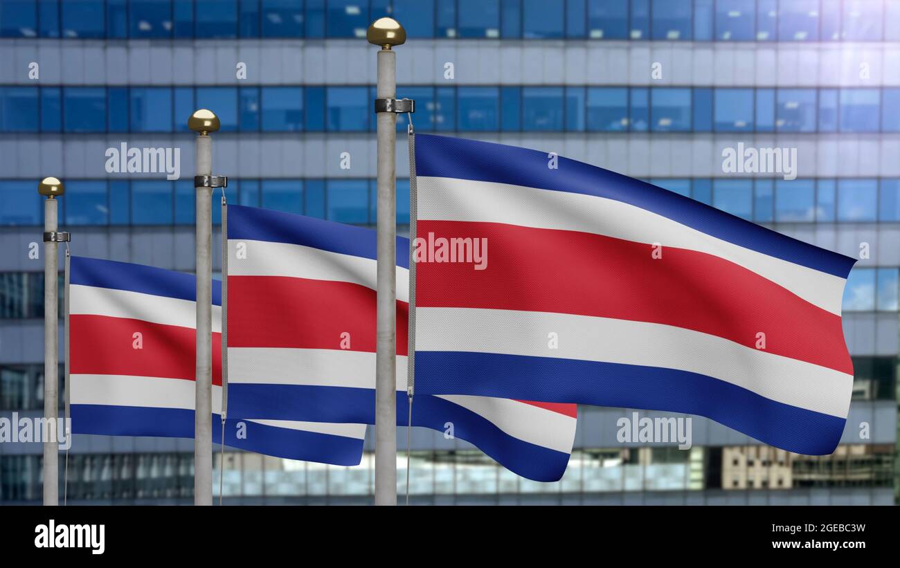 3D, Costa Rica flag waving on wind with modern skyscraper city. Costa ...