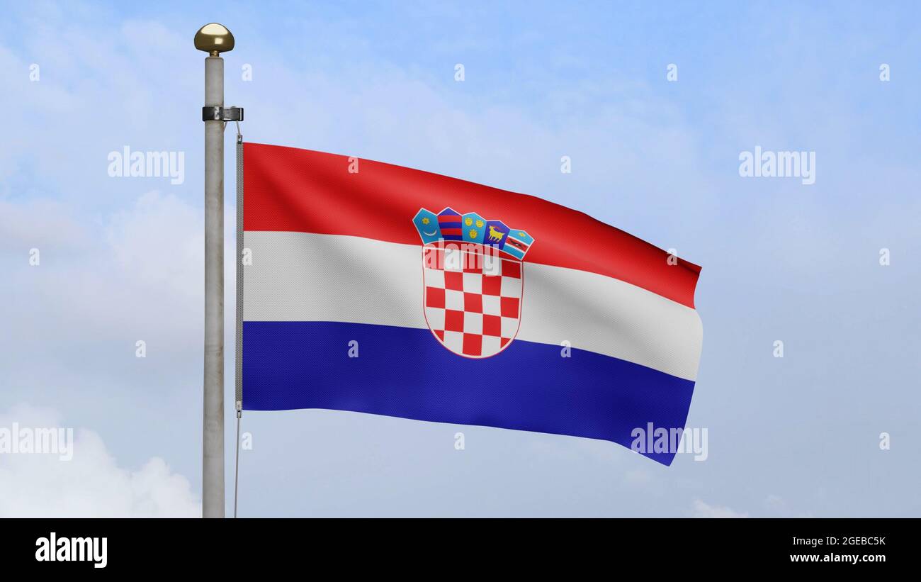 3D, Croatian flag waving on wind with blue sky and clouds. Croatia banner blowing, soft and ...