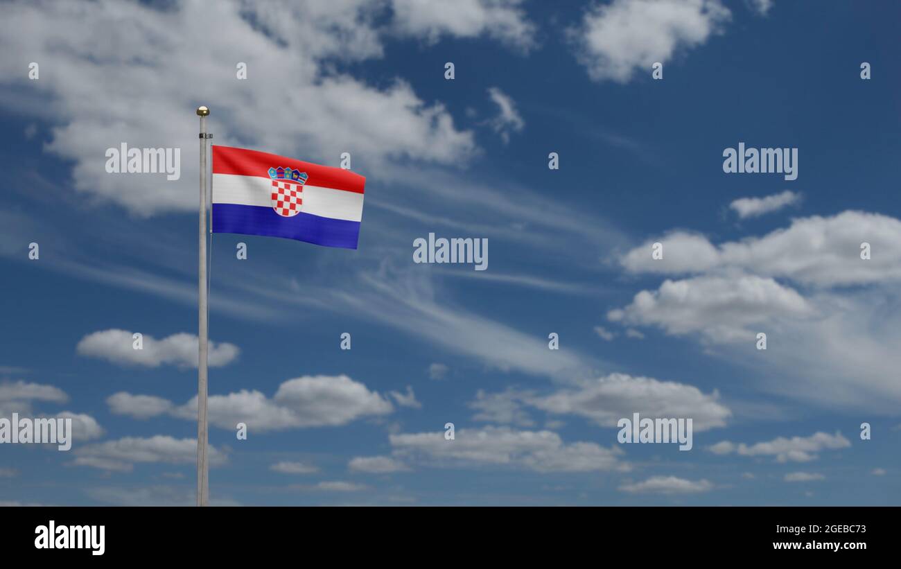 3D, Croatian flag waving on wind with blue sky and clouds. Croatia banner blowing, soft and ...