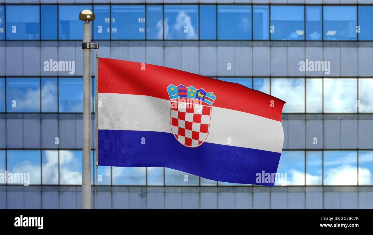 3D, Croatian flag waving on wind with modern skyscraper city. Close up ...