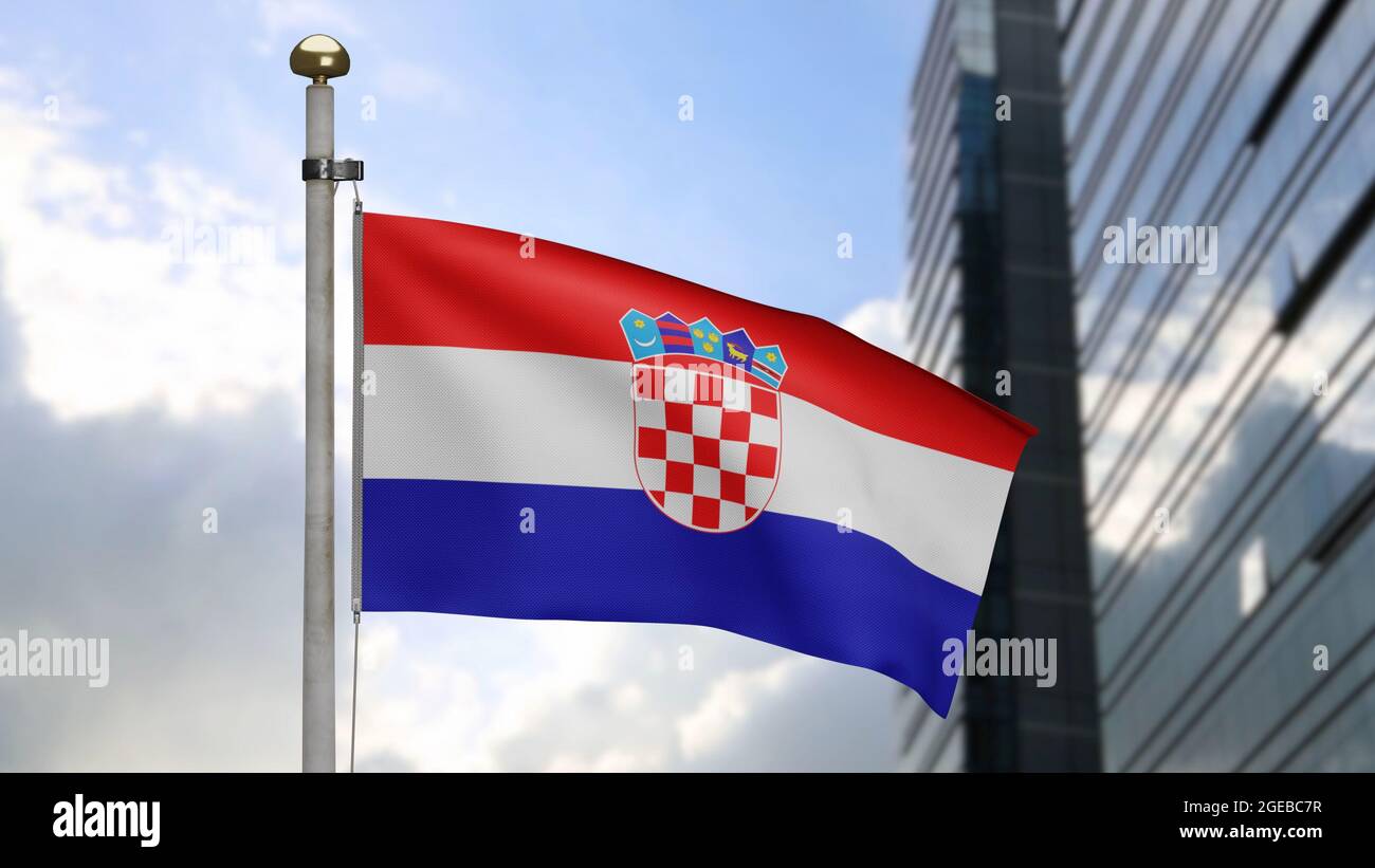 3D, Croatian flag waving on wind with modern skyscraper city. Croatia banner blowing smooth silk ...