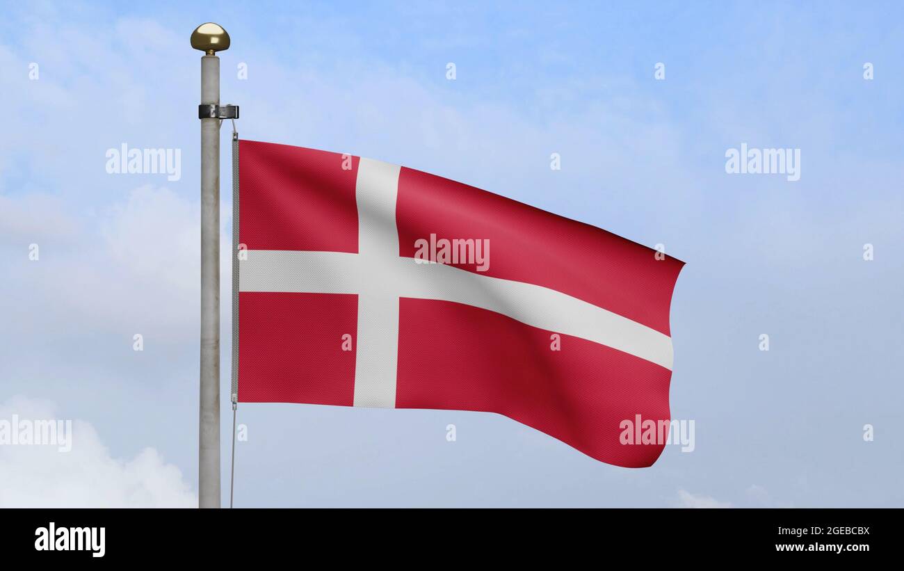 3D, Danish flag waving on wind with blue sky and clouds. Denmark banner ...