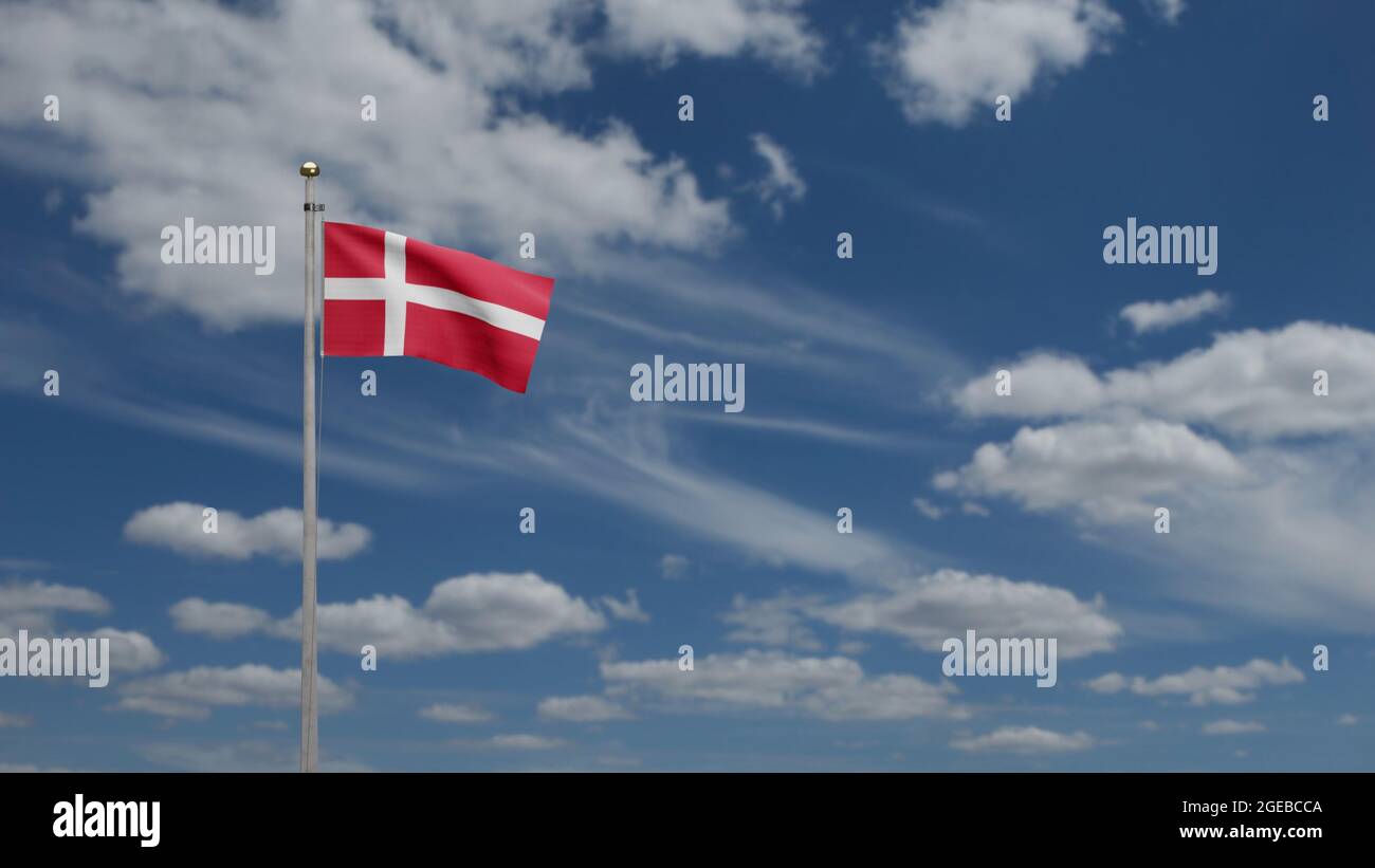 3D, Danish flag waving on wind with blue sky and clouds. Denmark banner ...