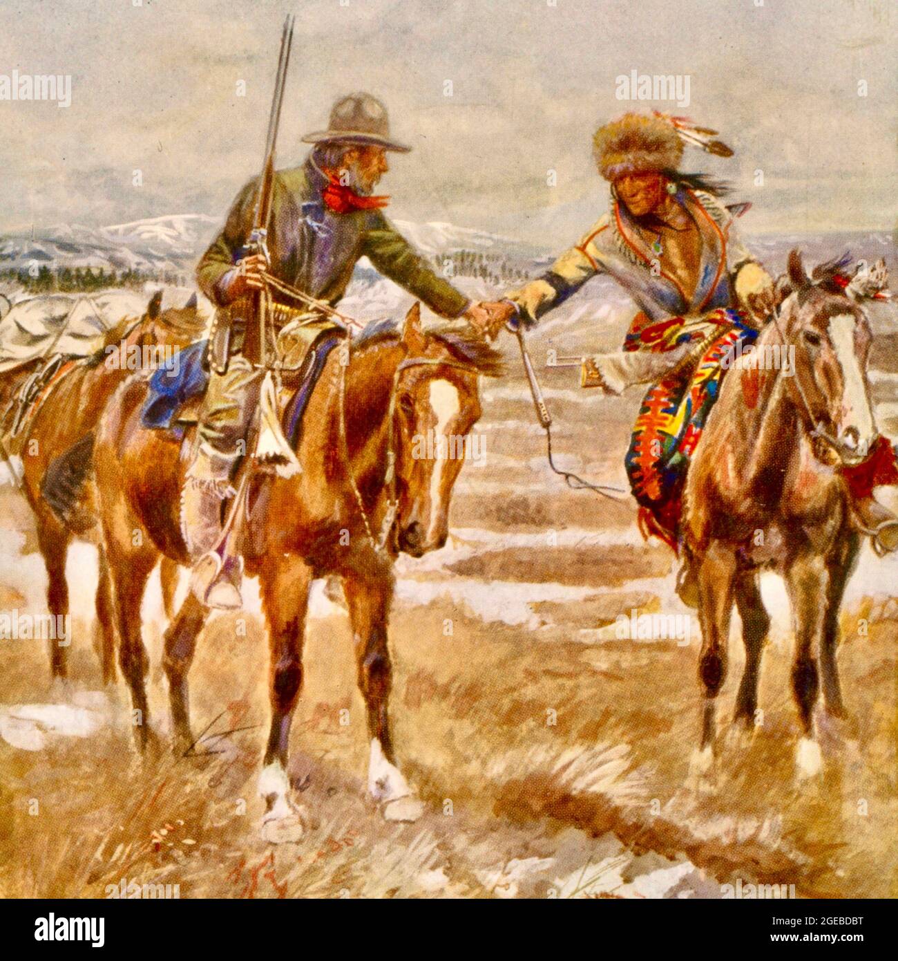 Charles Marion Russell painting depicting the meeting of American and ...