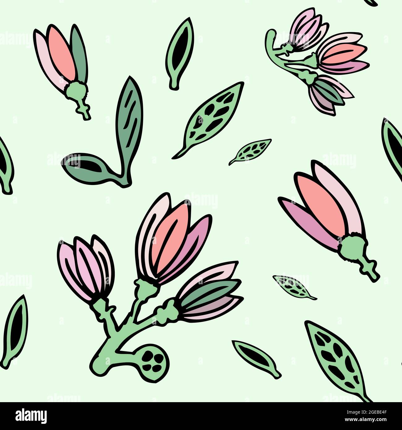 Green seamless pattern with silhouette of a pink blooming flowers and ...