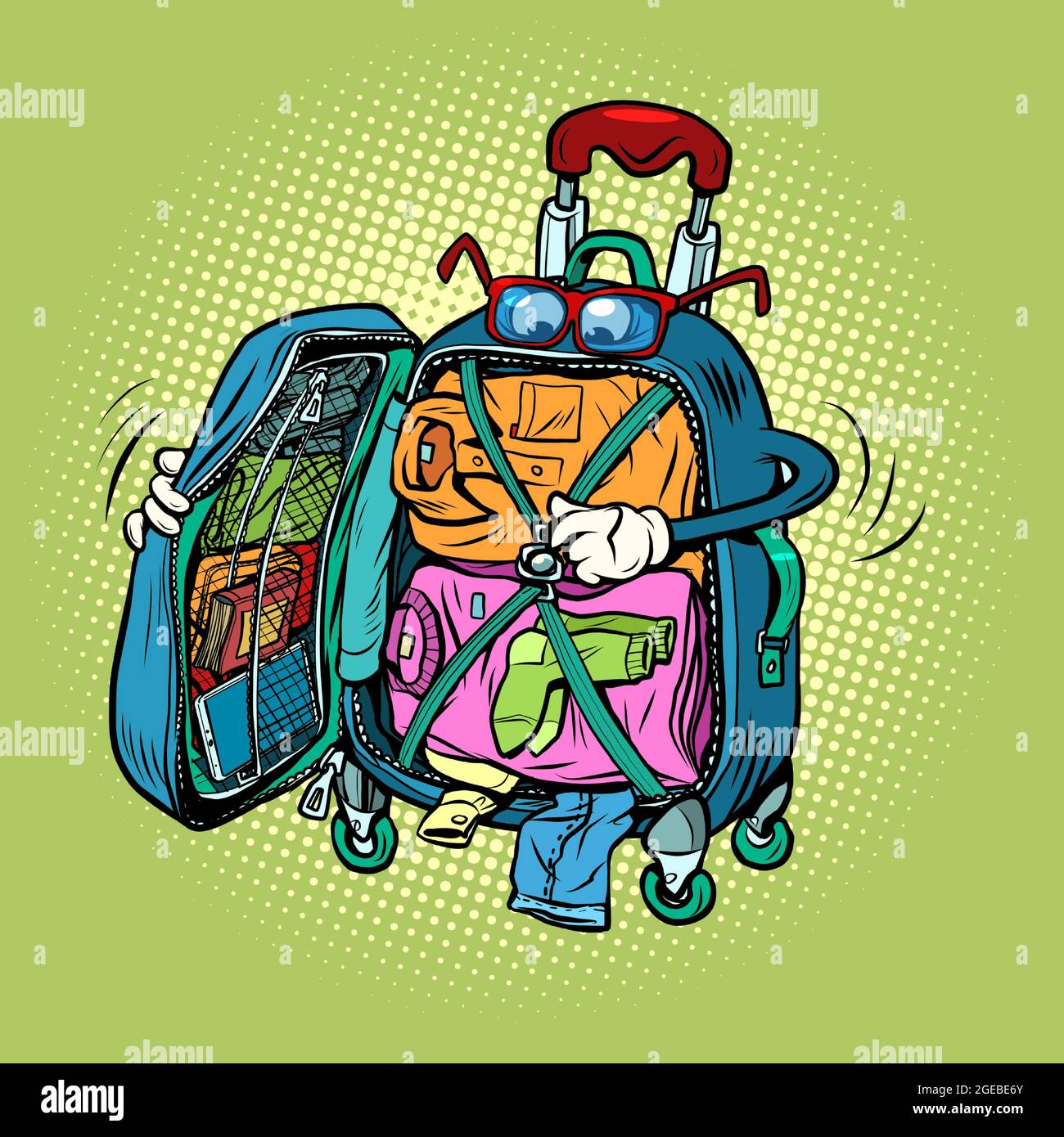 travel suitcase character packs clothes, vacation trip and tourism ...