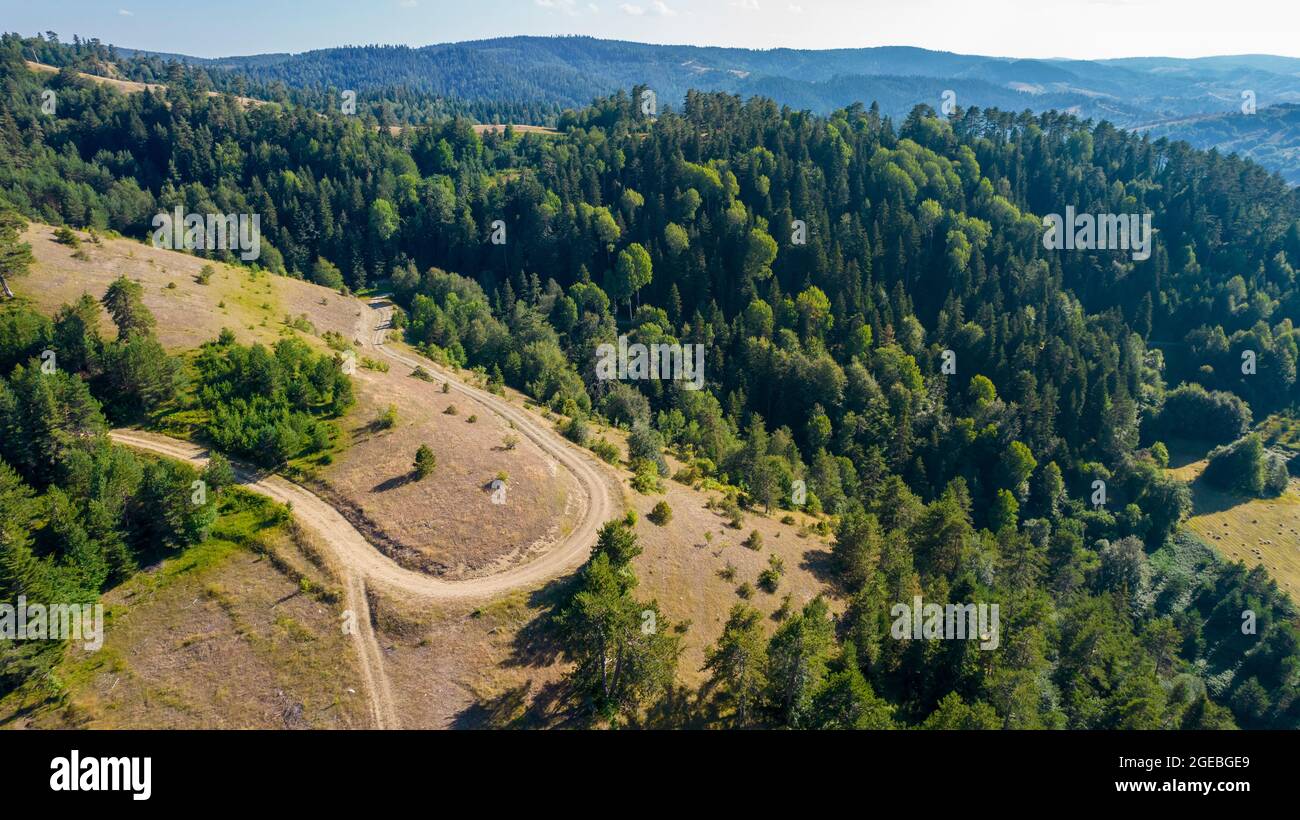 Mountain road with forest landscape. Aerial view of green forests ...