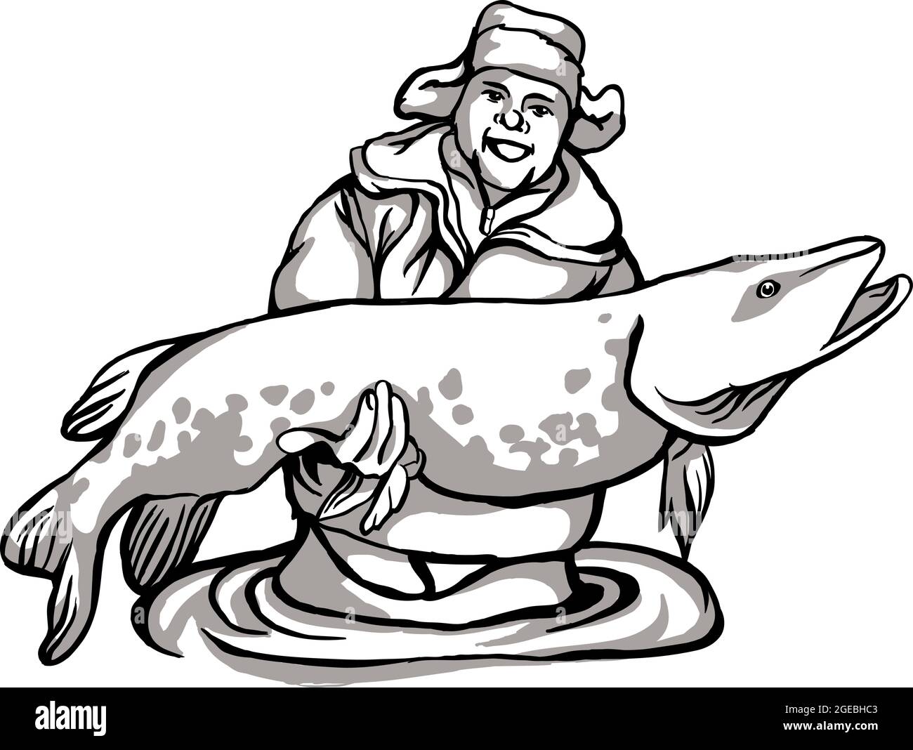 Fisherman catches fish, fisherman with catch, black and white drawing ...