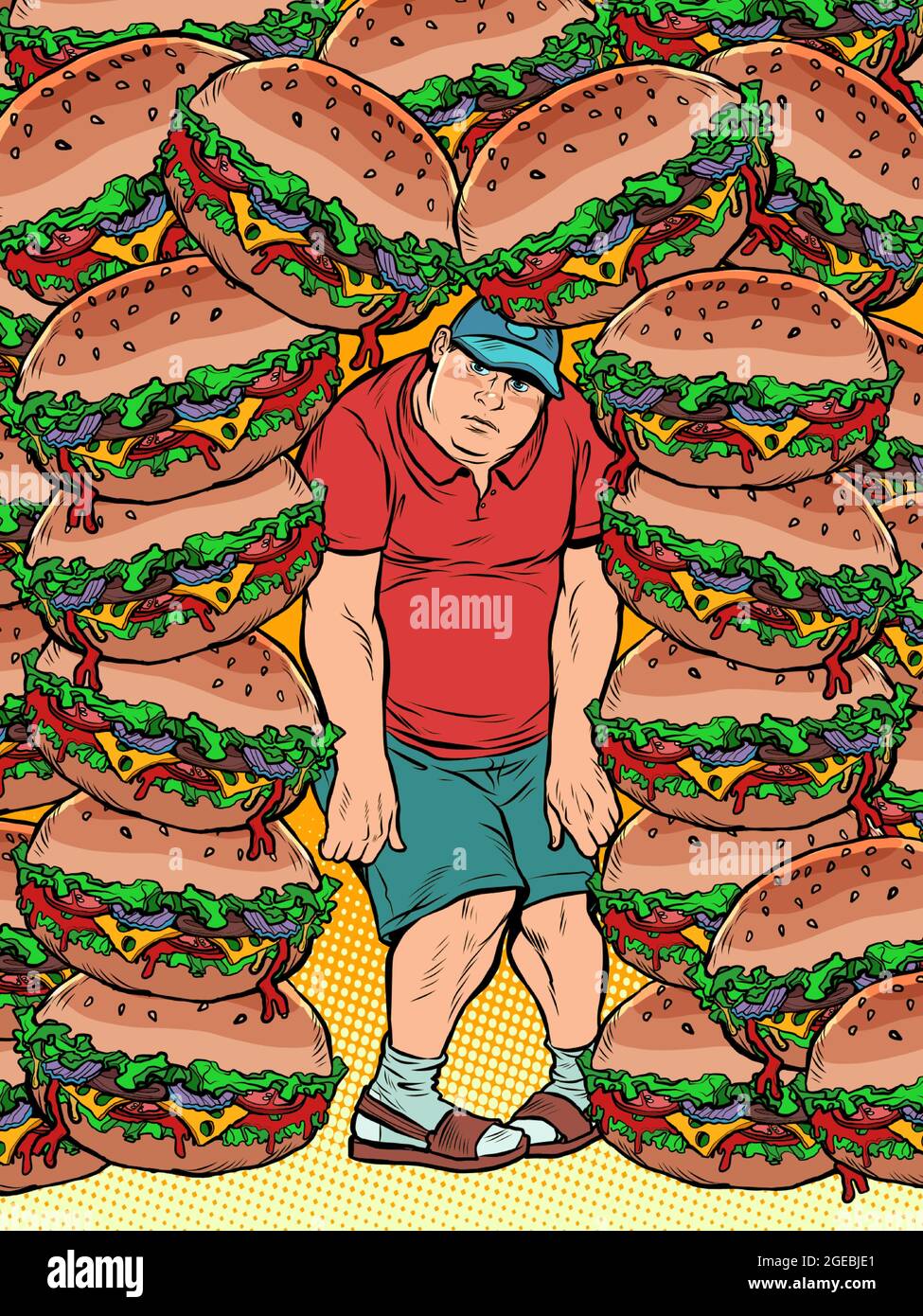 Fat man and lots of burgers. Food addiction, health and excess weight ...