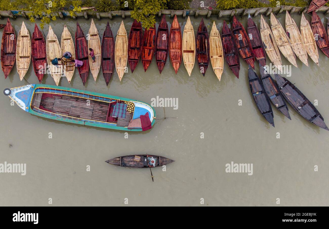 Barishal, Bangladesh, August 18, 2021: Aerial view of the Boat makers ...