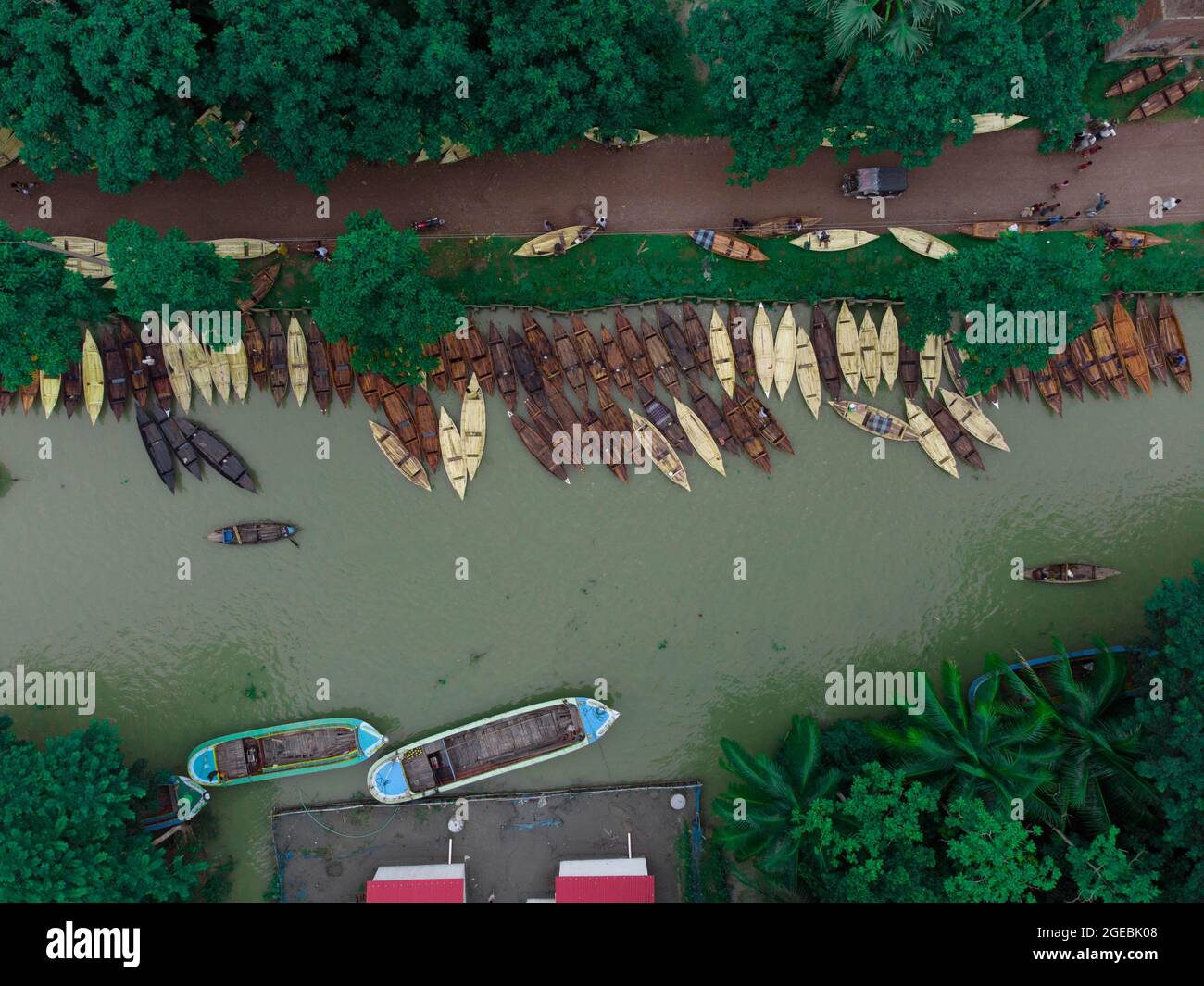 Barishal, Bangladesh, August 18, 2021: Aerial view of the Boat makers ...
