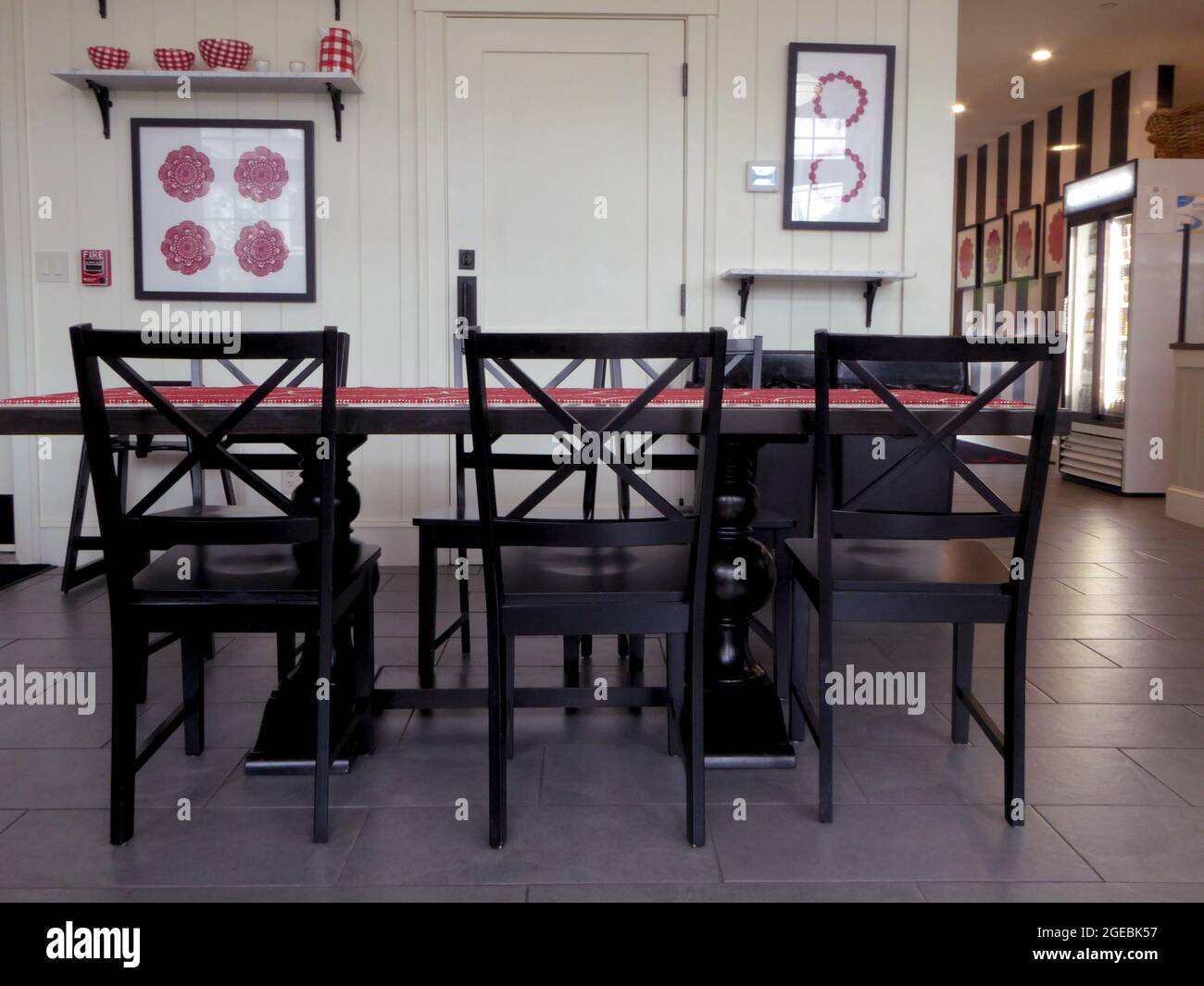 Interior of a restaurant with pattern design of white, black and red ...