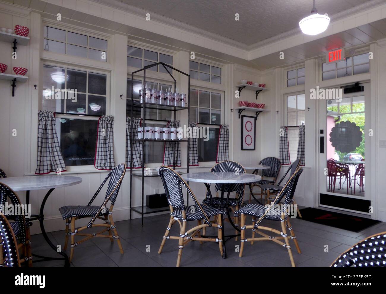 Interior of a restaurant with pattern design of white, black and red ...