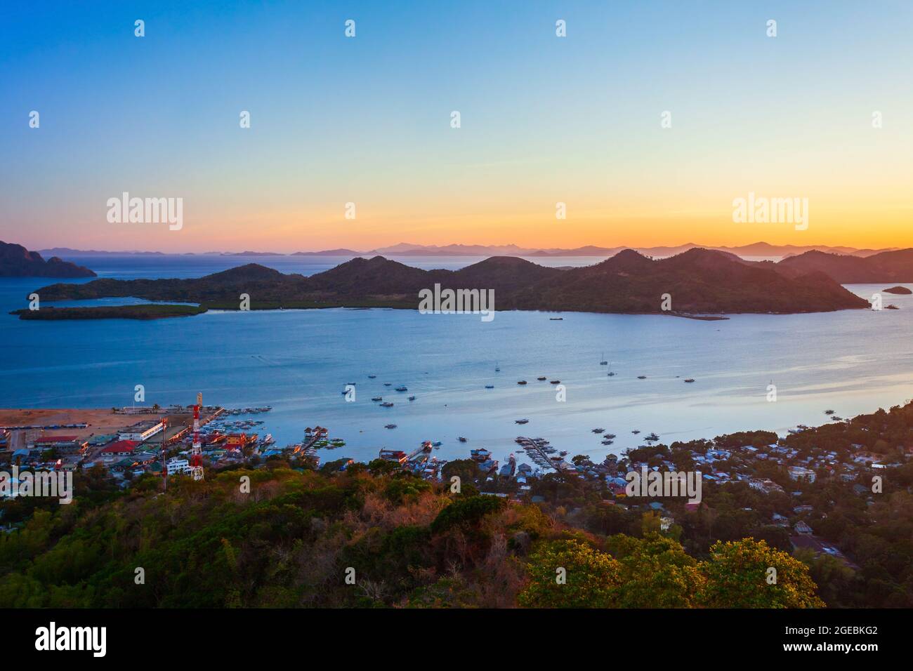 Coron town aerial panoramic view at sunset, Busuanga island in Palawan ...