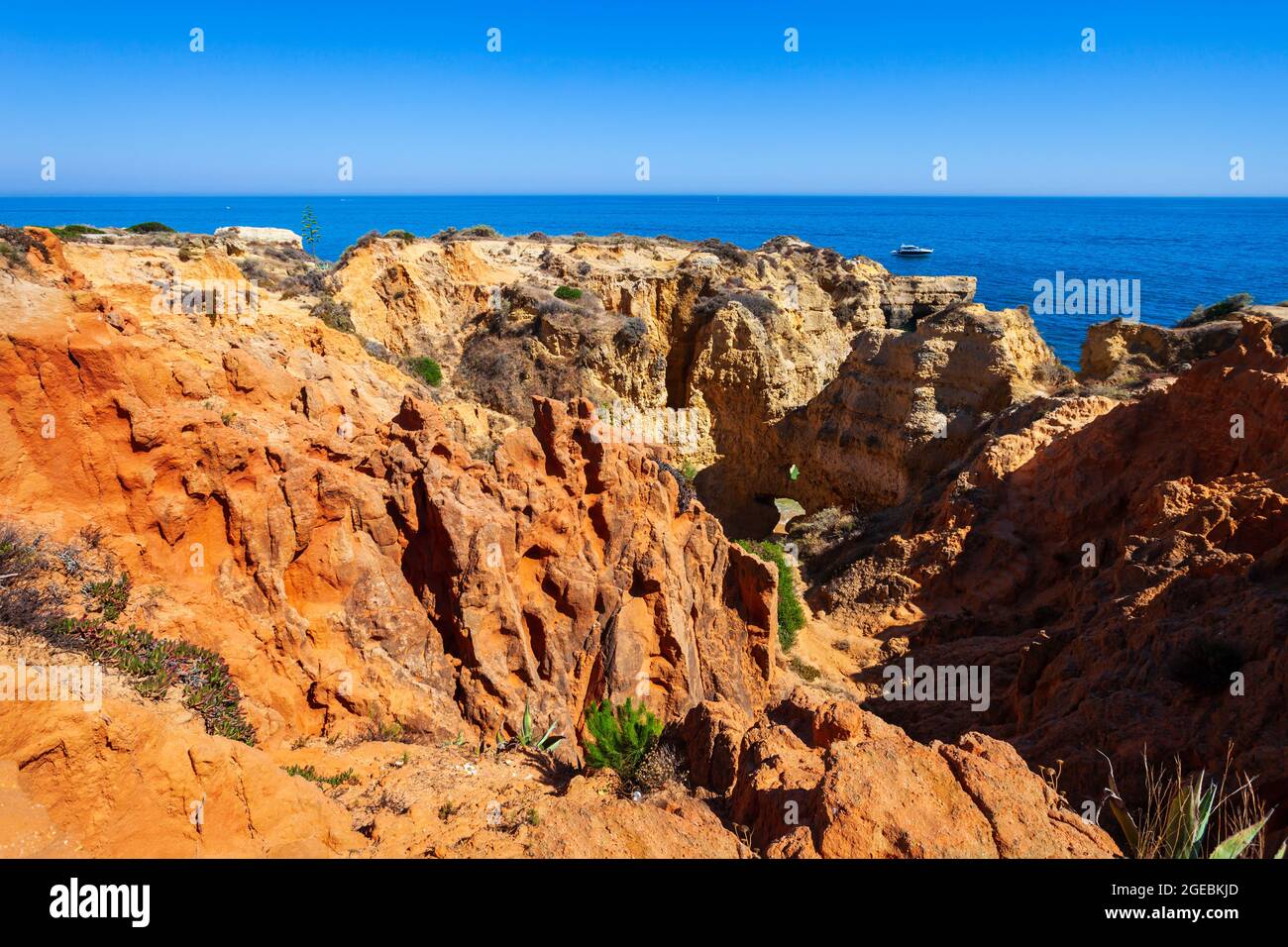 Sao Rafael beach with beauty limestone cliff aerial view, Albufeira ...