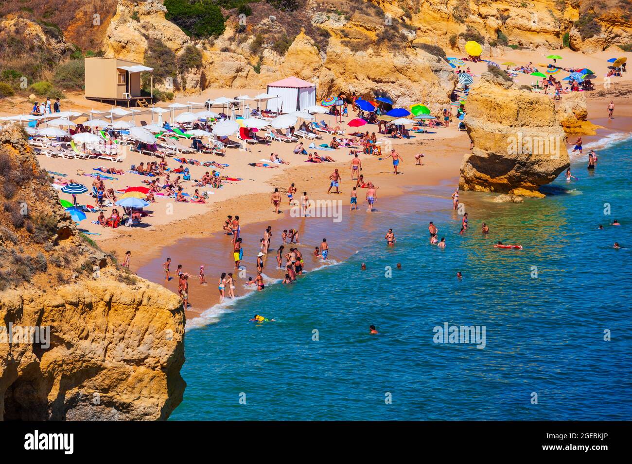 Sao Rafael beach with beauty limestone cliff aerial view, Albufeira ...