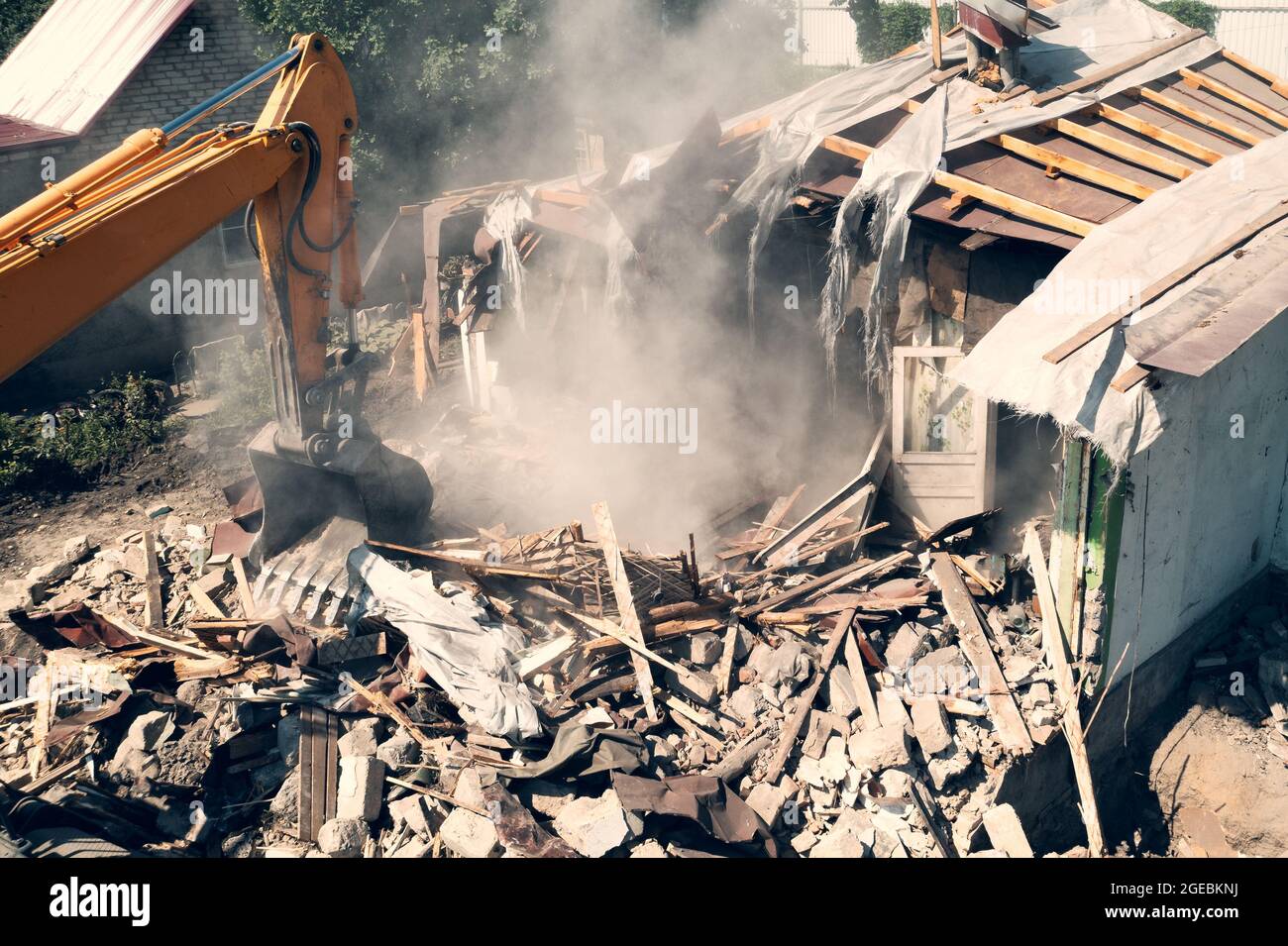 Process of demolition of old building dismantling aerial view ...