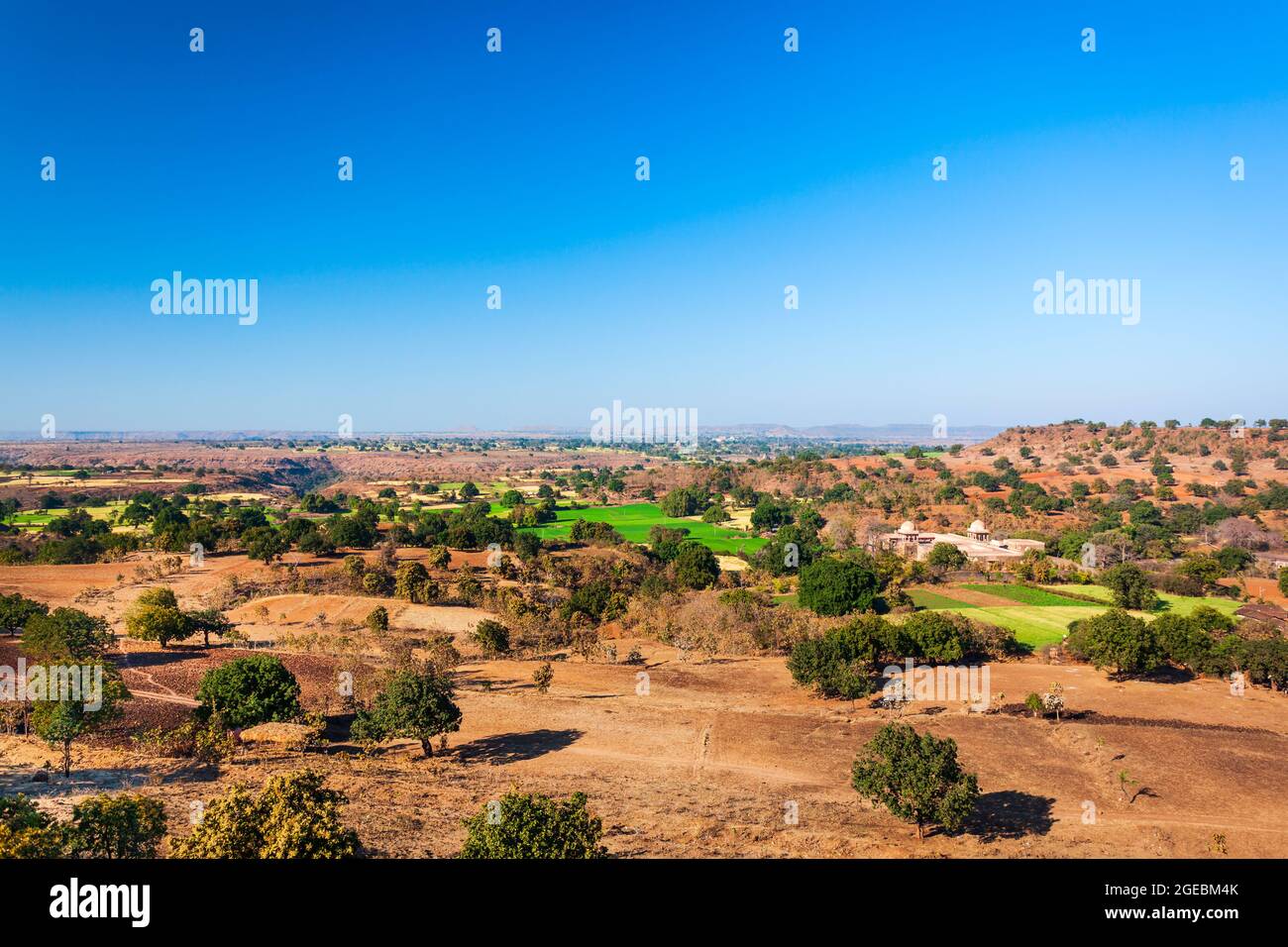 Field landscape near Mandu ancient city in Madhya Pradesh state of ...