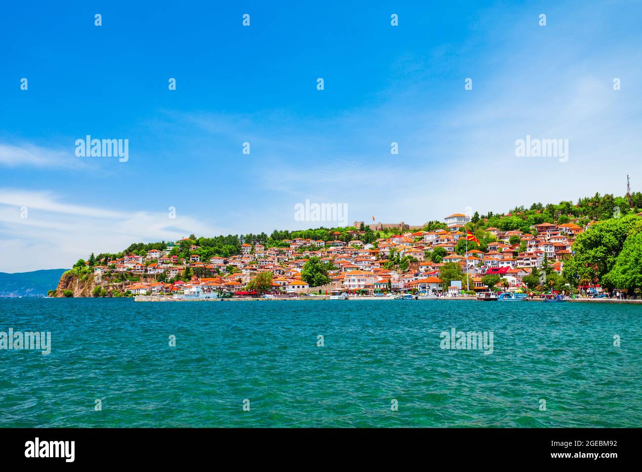 Lake Ohrid and Ohrid city aerial panoramic view in North Macedonia ...