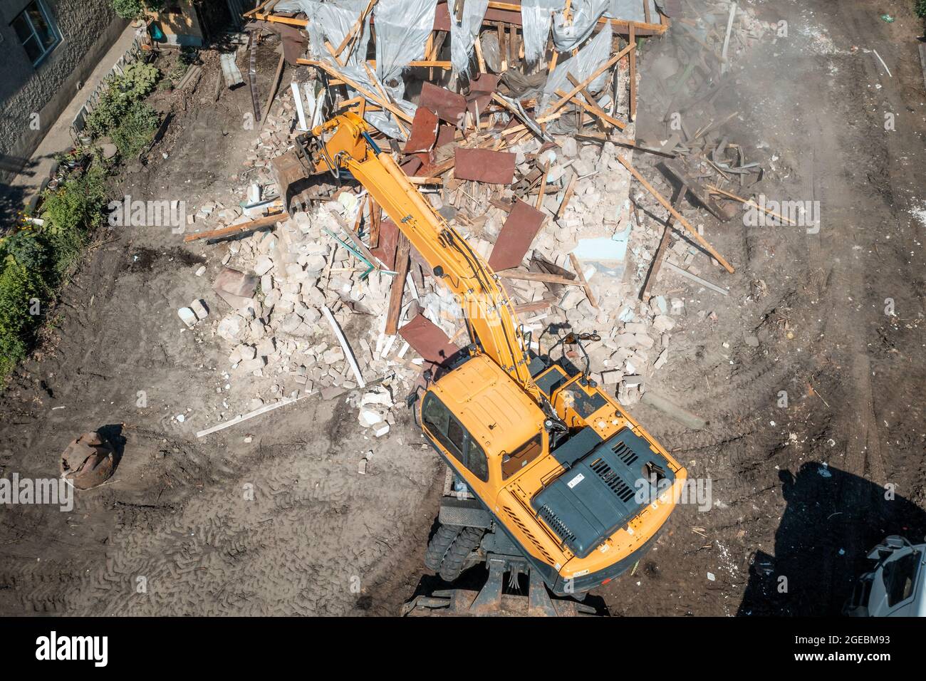 Process of demolition of old building dismantling aerial view ...