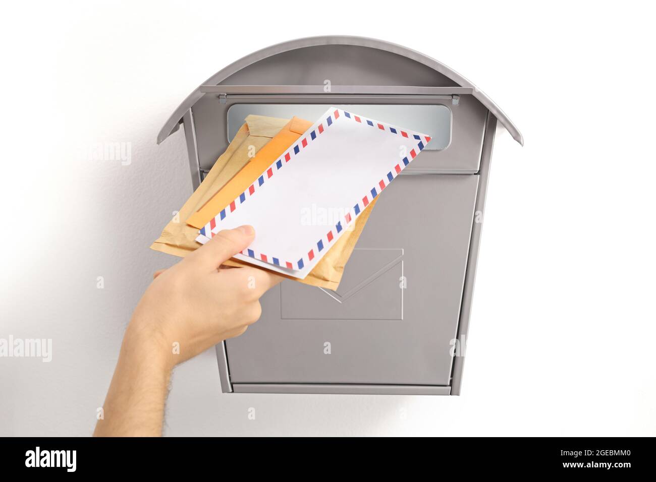 Hand sending letters in a mail box isolated on white background Stock ...