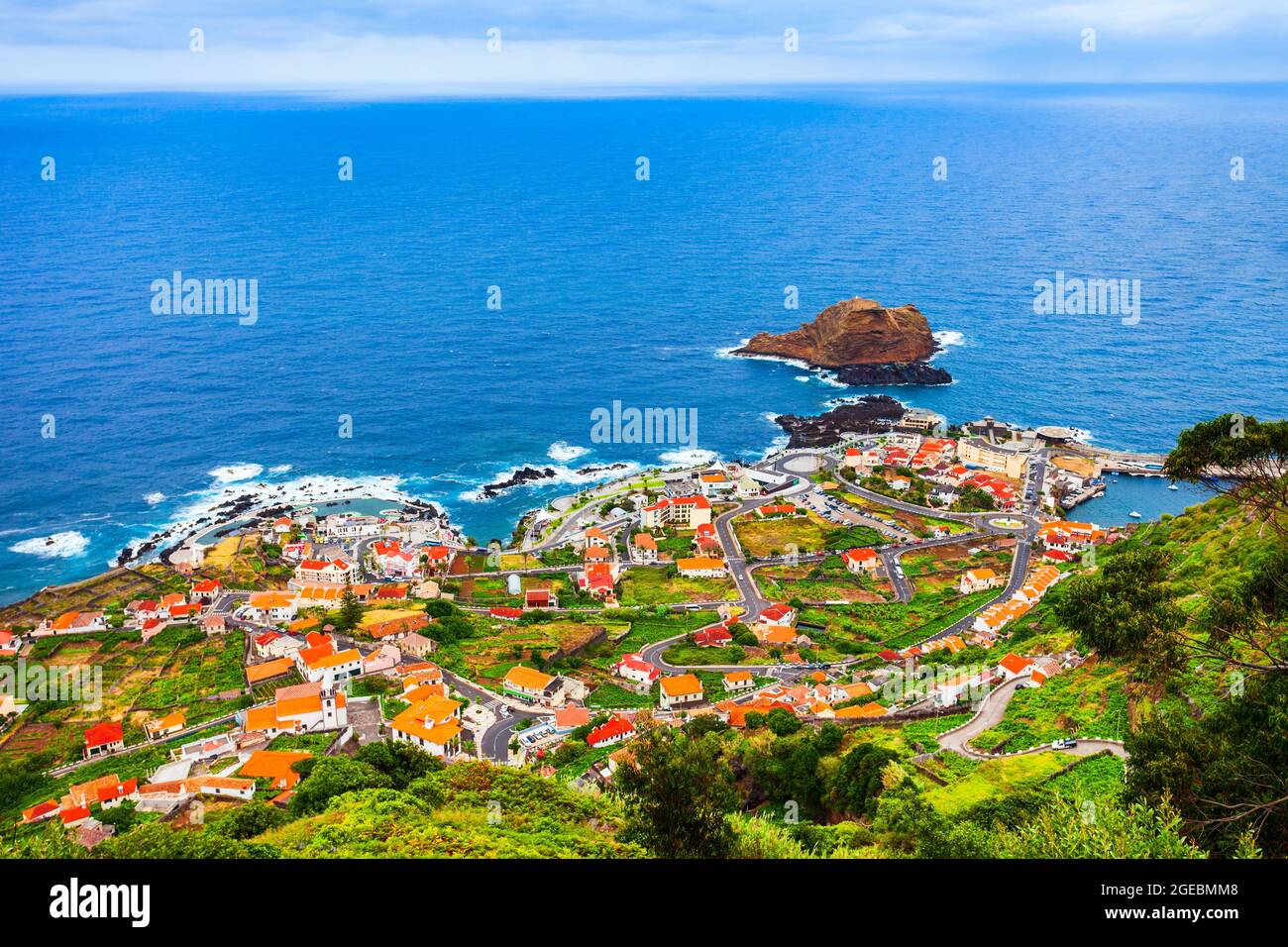 Porto Moniz town aerial panoramic view, Madeira island in Portugal ...