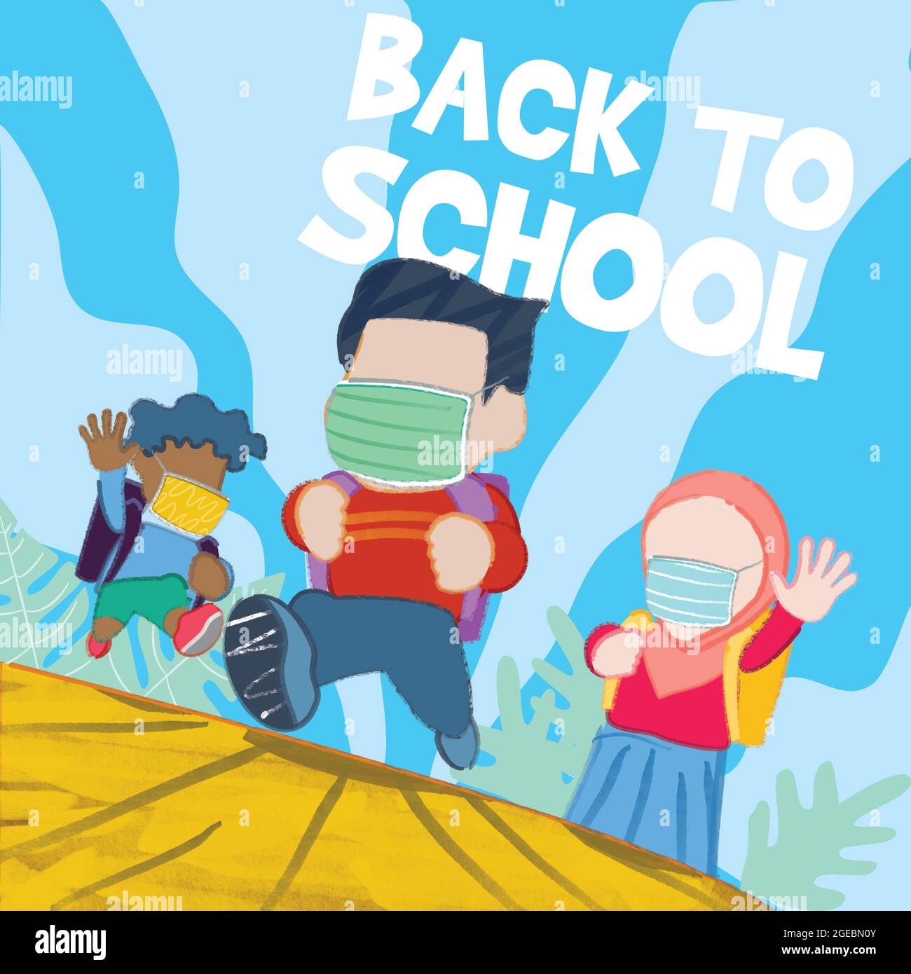 School kids running with mask suitable for Back to school during ...