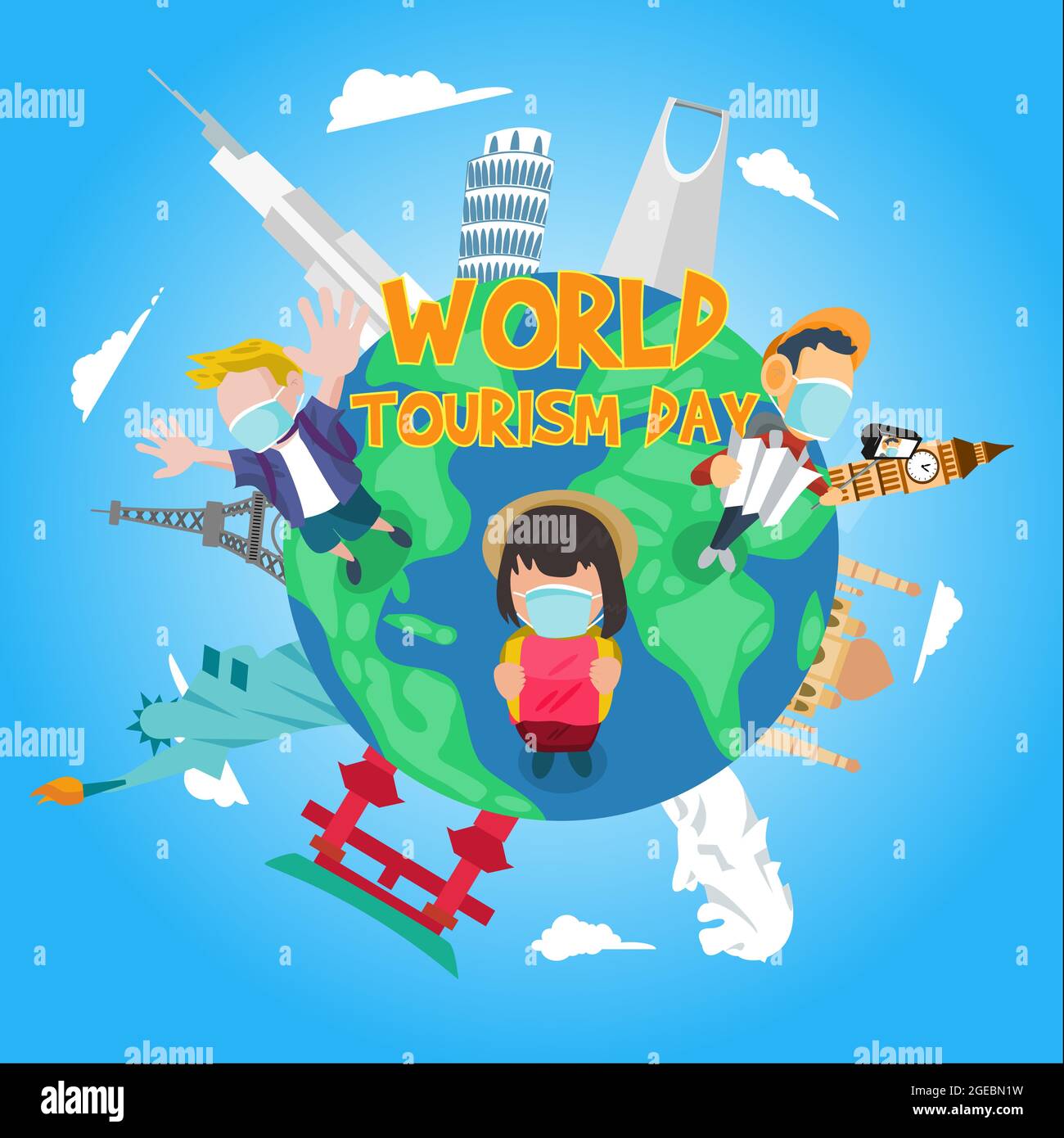 Illustrative of earth globe with famous monuments such pisa tower, Big ...