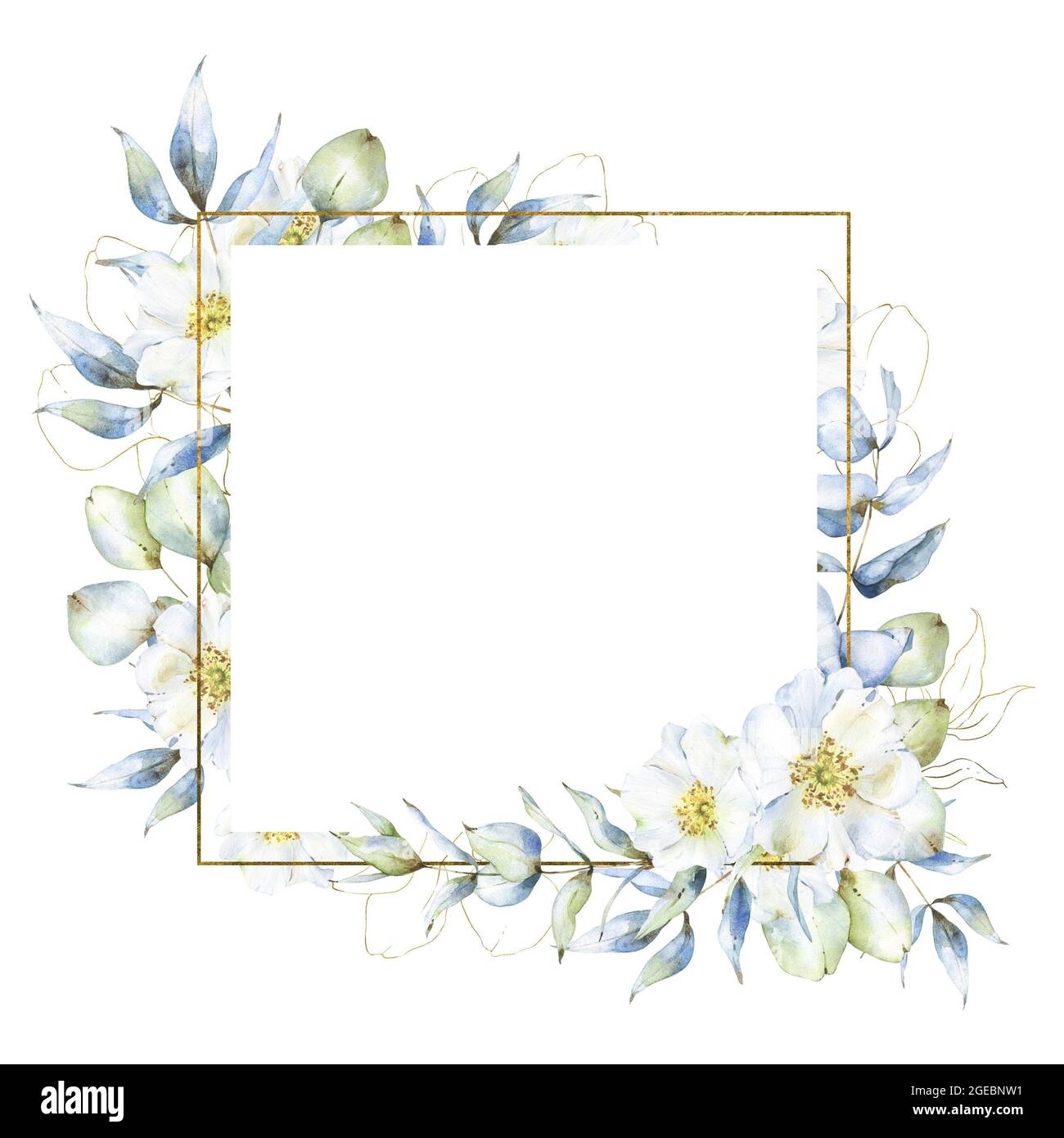 White and golden square frame with watercolor floral arrangement of ...