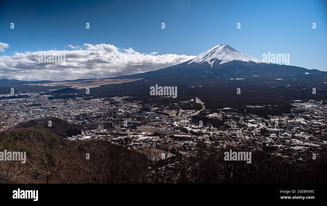Beautiful Fuji mountain with snow cover on the top with cloud, landmark ...