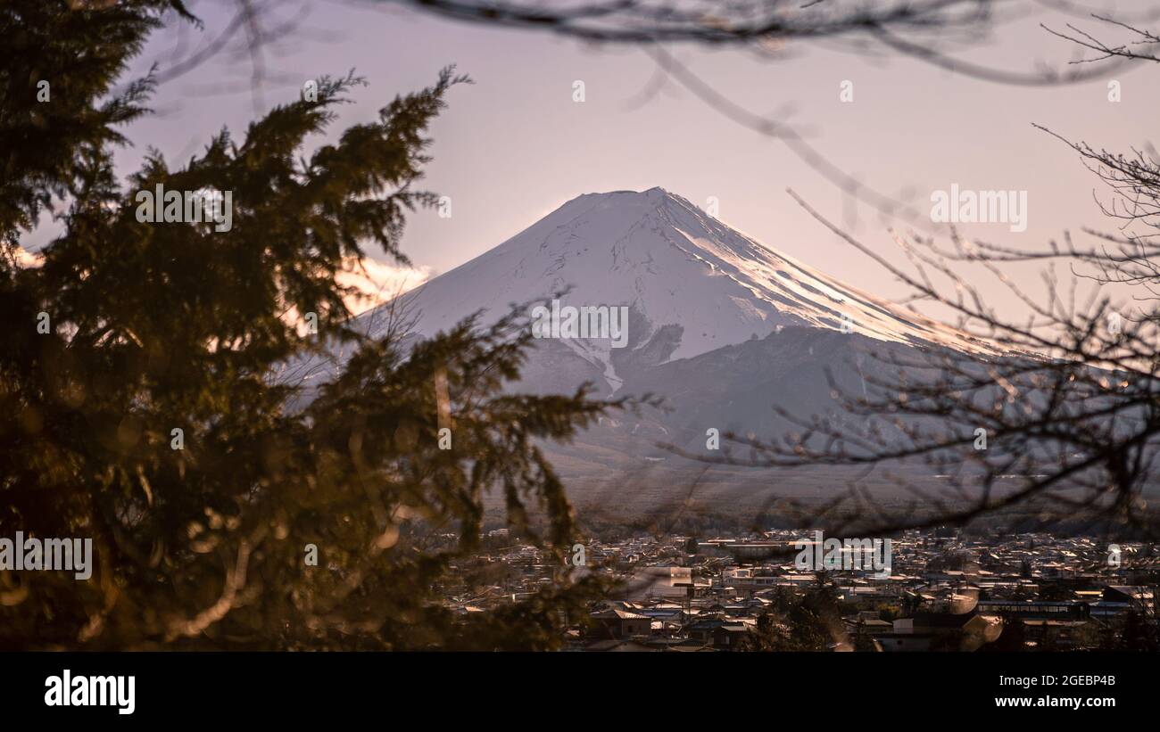 Beautiful Fuji mountain with snow cover on the top with cloud, landmark ...