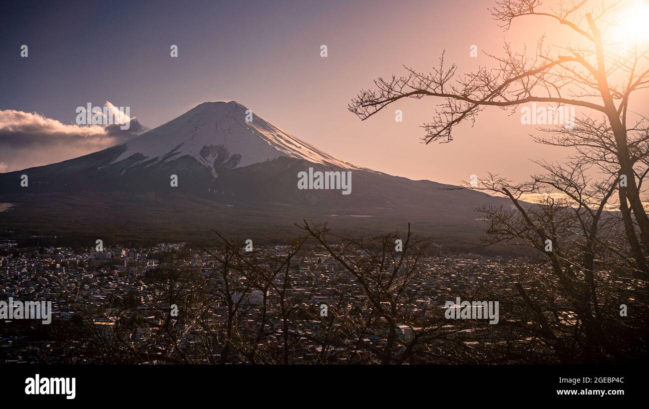 Beautiful Fuji mountain with snow cover on the top at sunset, landmark ...