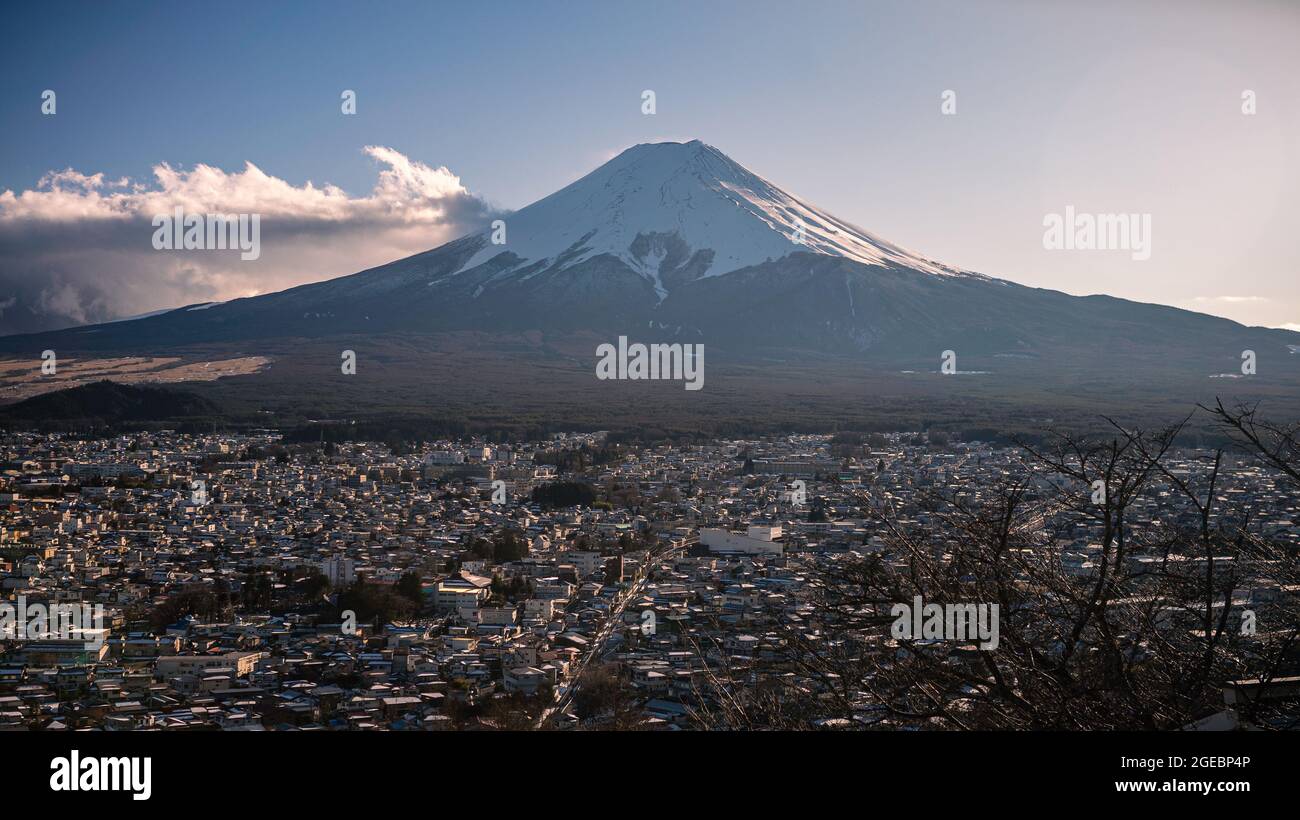Beautiful Fuji mountain with snow cover on the top with cloud, landmark ...