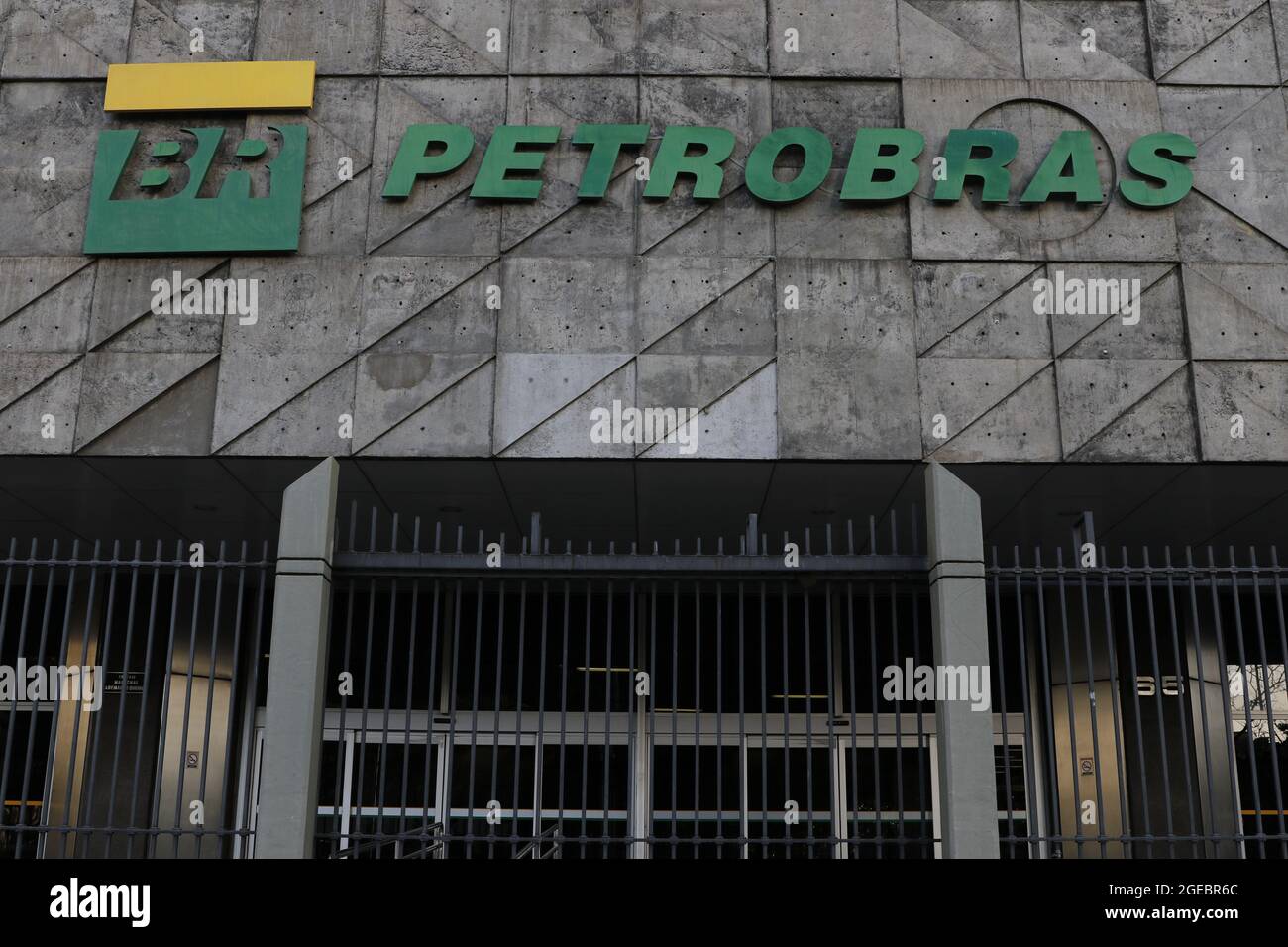 Petrobras oil company logo on building headquarters. Brazilian national ...