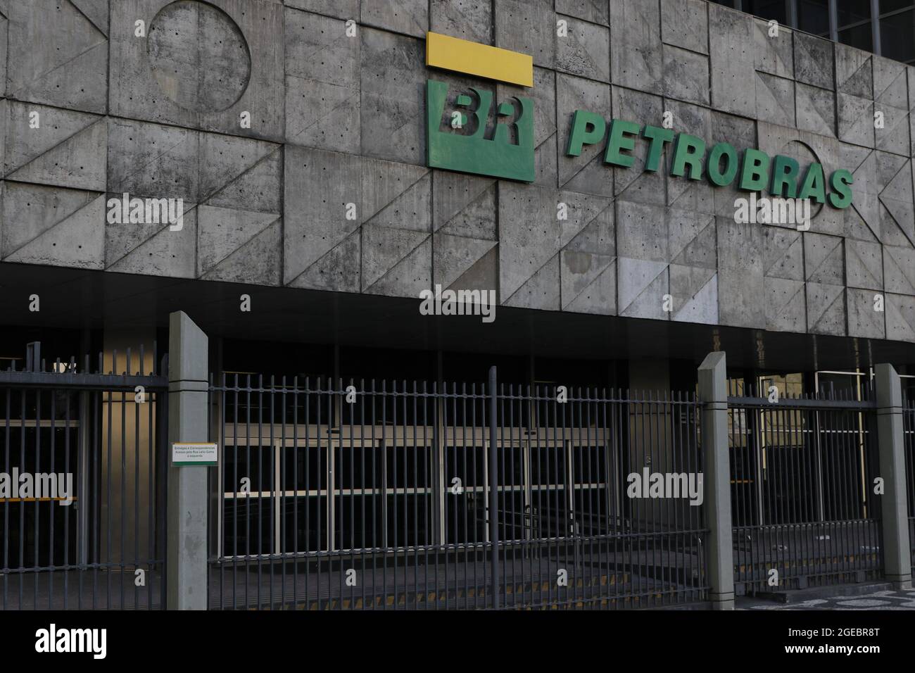 Petrobras oil company logo on building headquarters. Brazilian national ...