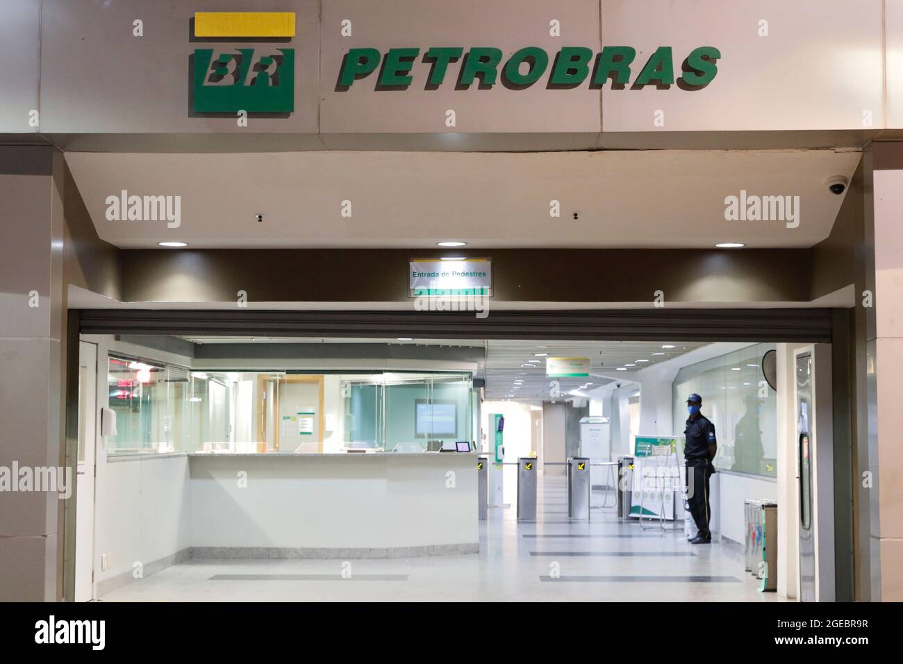 Petrobras oil company logo on building headquarters. Brazilian national ...