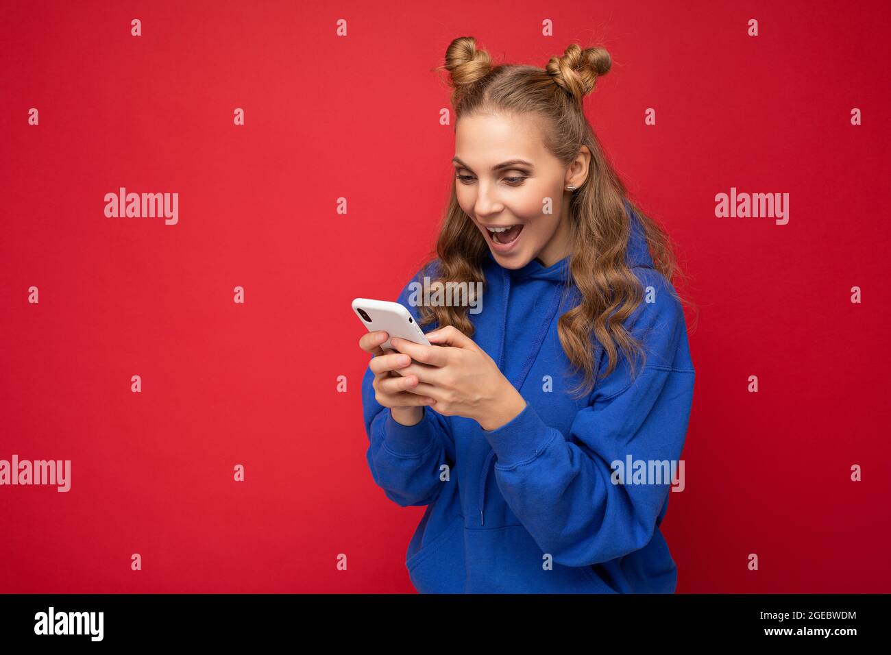 Photo shot of attractive amazed positive good looking young woman ...