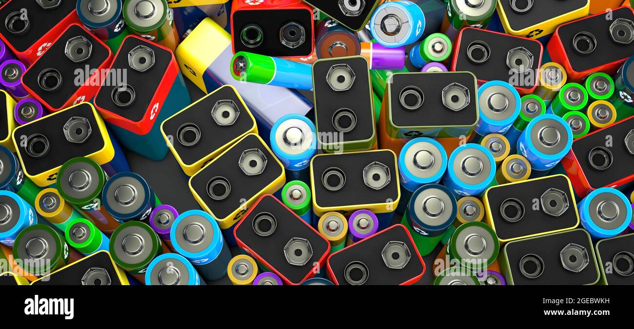 Hundreds of used batteries of different types - 3d illustration Stock ...