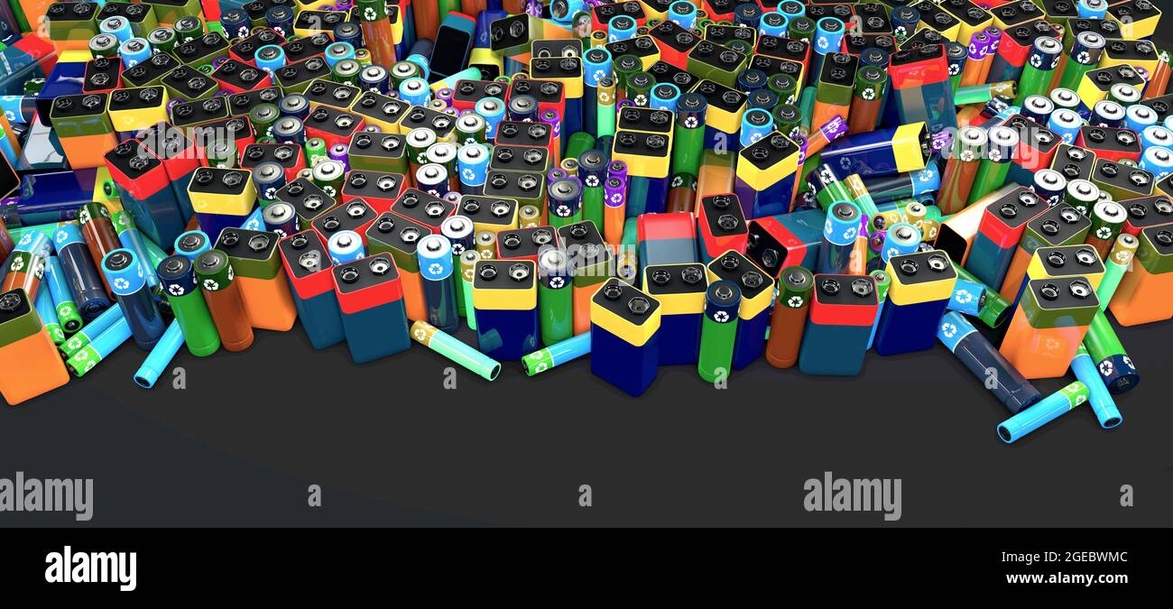Hundreds of used batteries of different types - 3d illustration Stock ...