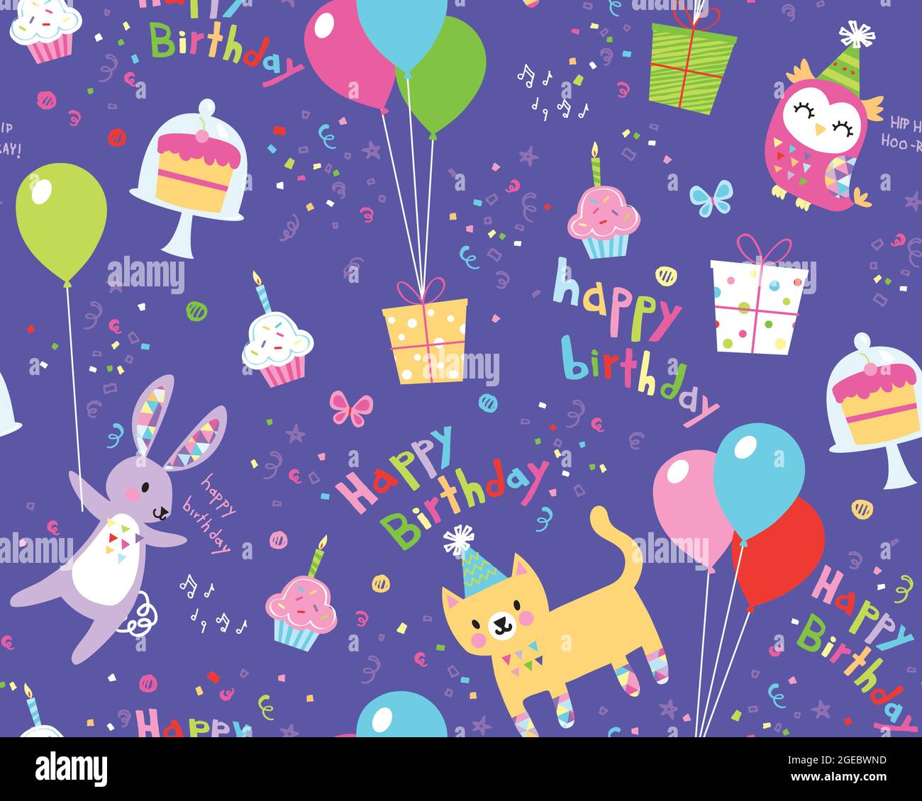 Happy Birthday Characters and Icons in a Seamless Vector Pattern Stock ...