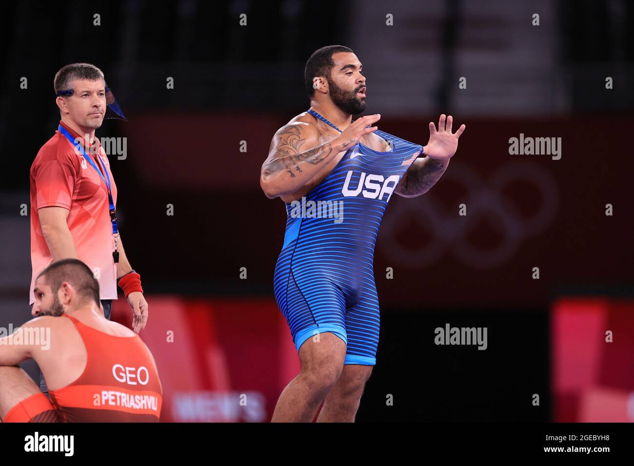 Gable Dan STEVESON (USA) (blue) celebrates victory in the Wrestling ...