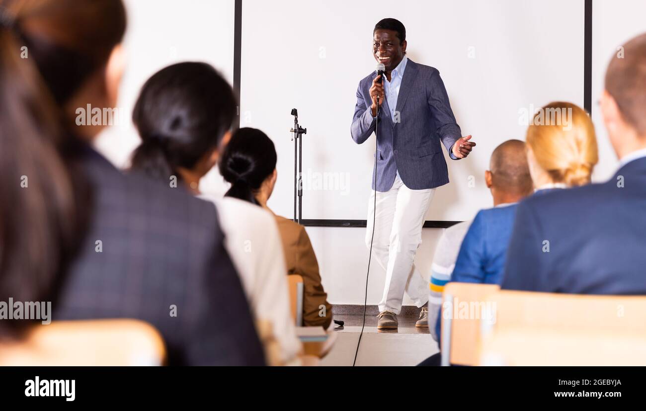 Excited african american preacher giving motivational speech Stock ...