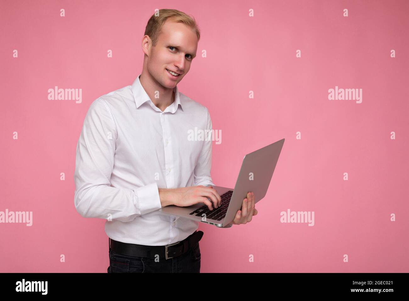 Side profile photo shot of handsome smiling confident blonde male ...