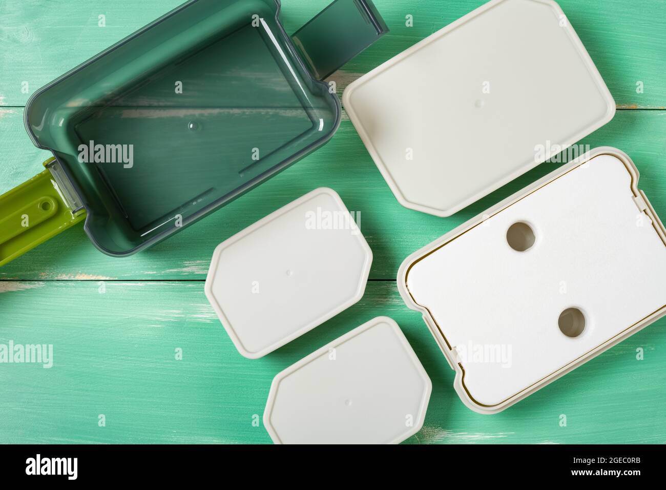 top view plastic takeout lunch box with individual containers Stock ...