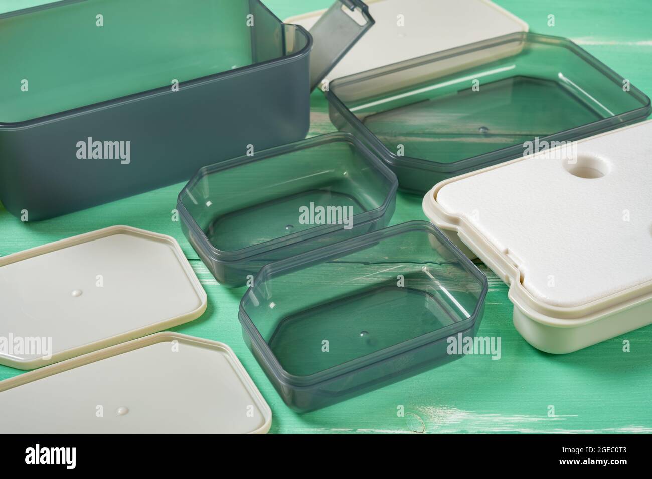 angle view plastic takeout lunch box with individual containers with ...