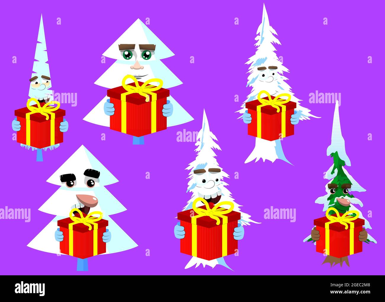 Cartoon winter pine trees with faces holding big gift box. Cute forest ...