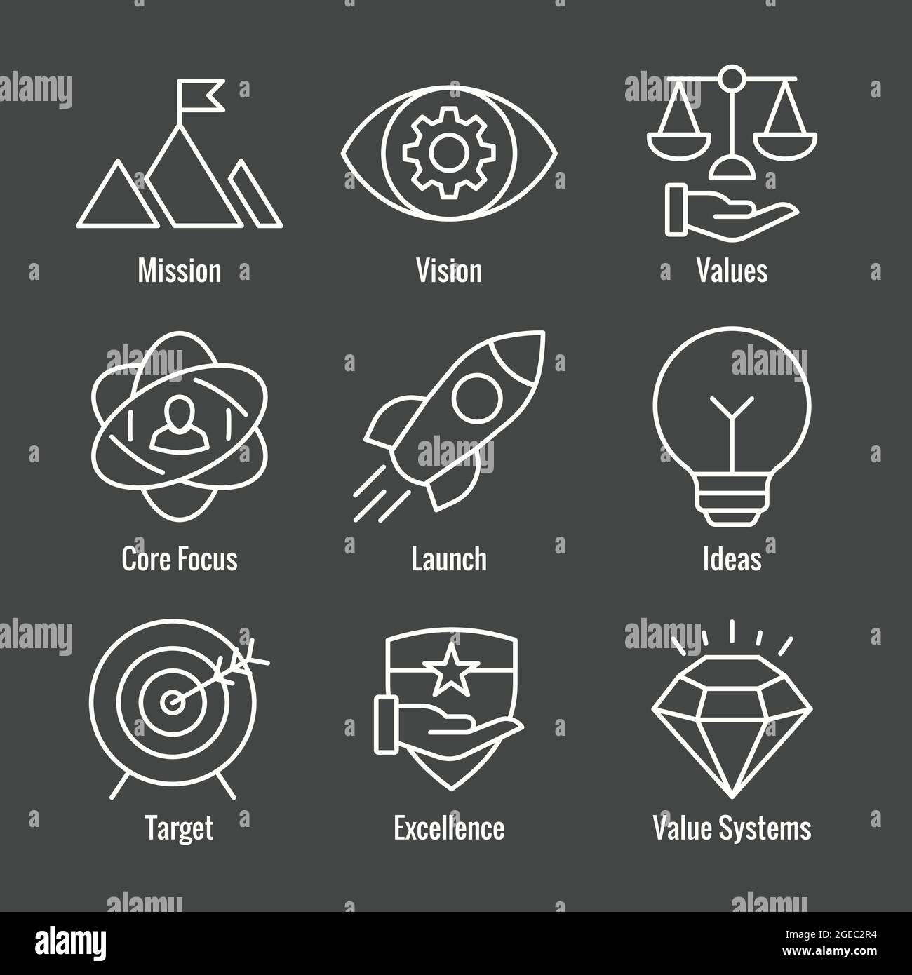 Mission Vision and Values Icon Set with rocket, ideas, & goal icons ...