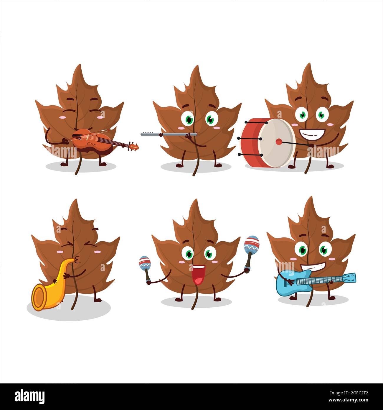 Cartoon character of maple dried leaf playing some musical instruments ...